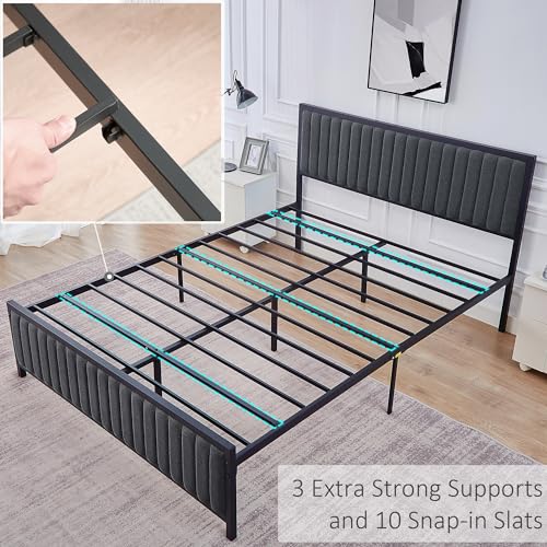 VECELO Queen Bed Frame with Upholstered Tufted Headboard & Footboard, Heavy Duty Steel Slats Platform, No Box Spring Needed, Grey