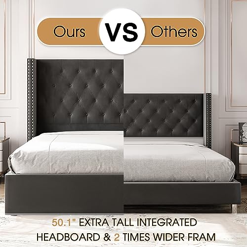 VanAcc Queen Bed Frame Lift Up Storage Bed with Headboard 50" Button Tufted Wingback/Hydraulic Lifting Storage Underneath/Wood Slats/Easy Assembly/Dark Grey