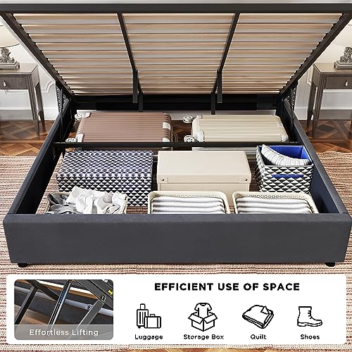 VanAcc Queen Bed Frame Lift Up Storage Bed with Headboard 50" Button Tufted Wingback/Hydraulic Lifting Storage Underneath/Wood Slats/Easy Assembly/Dark Grey