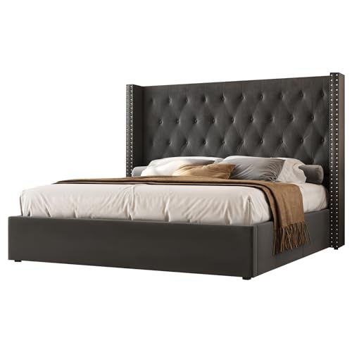 VanAcc Queen Bed Frame Lift Up Storage Bed with Headboard 50" Button Tufted Wingback/Hydraulic Lifting Storage Underneath/Wood Slats/Easy Assembly/Dark Grey