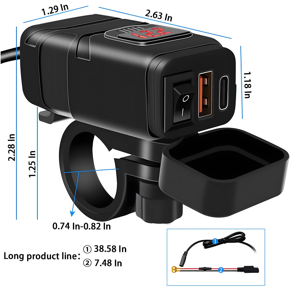 Ankuee Motorcycle USB Phone Charger, Waterproof SAE to USB Adapter with Voltmeter & ON/Off Switch, Dual Quick Charge 3.0 Charger, Motorcycle Accessories for Phone, Tablet, GPS, etc (Red)