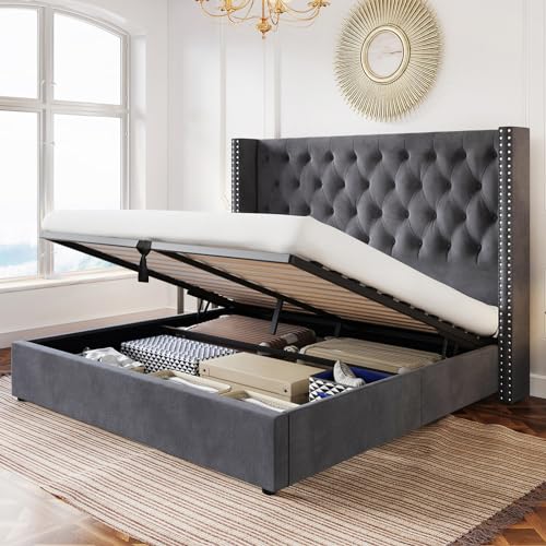 VanAcc Queen Bed Frame Lift Up Storage Bed with Headboard 50" Button Tufted Wingback/Hydraulic Lifting Storage Underneath/Wood Slats/Easy Assembly/Dark Grey
