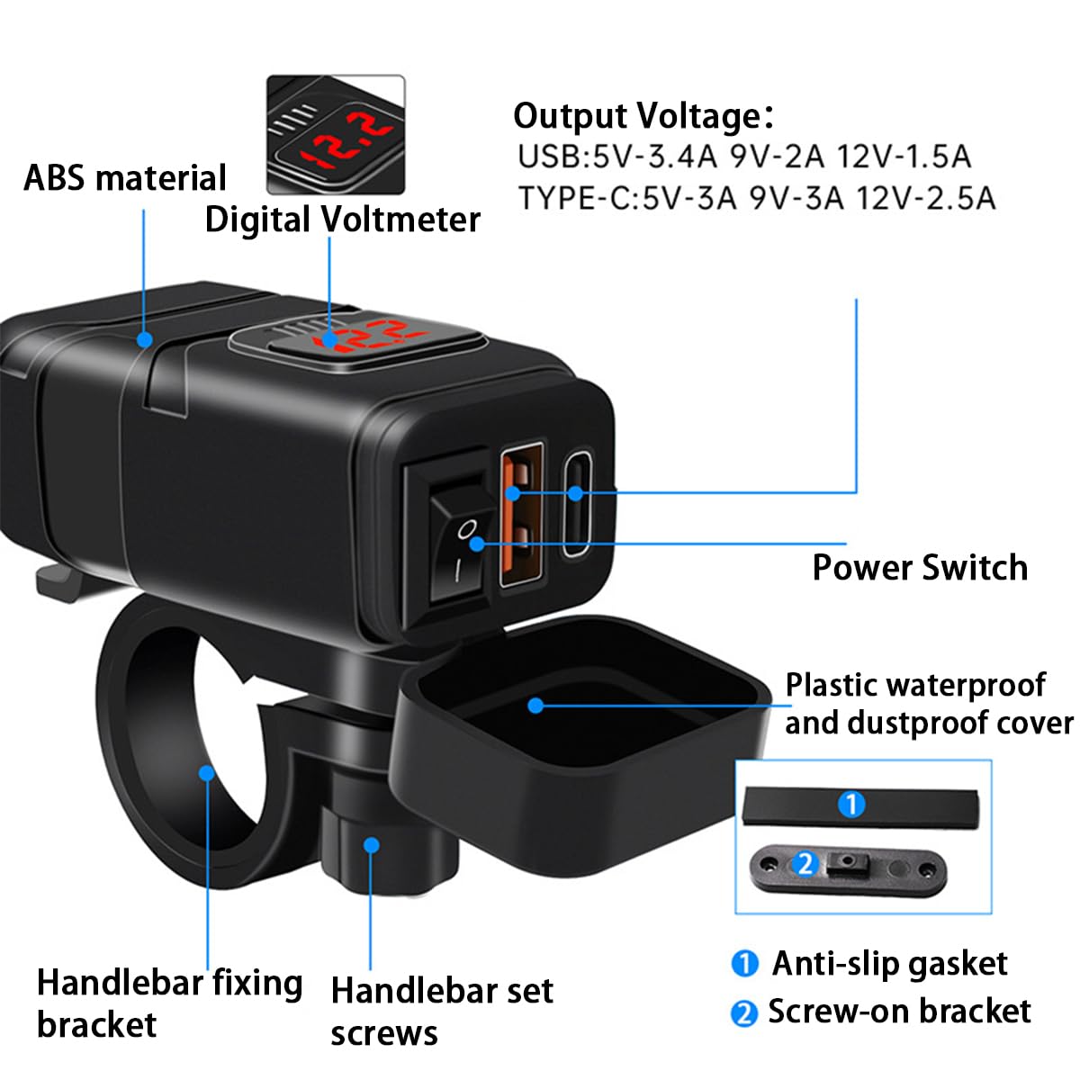 Ankuee Motorcycle USB Phone Charger, Waterproof SAE to USB Adapter with Voltmeter & ON/Off Switch, Dual Quick Charge 3.0 Charger, Motorcycle Accessories for Phone, Tablet, GPS, etc (Red)