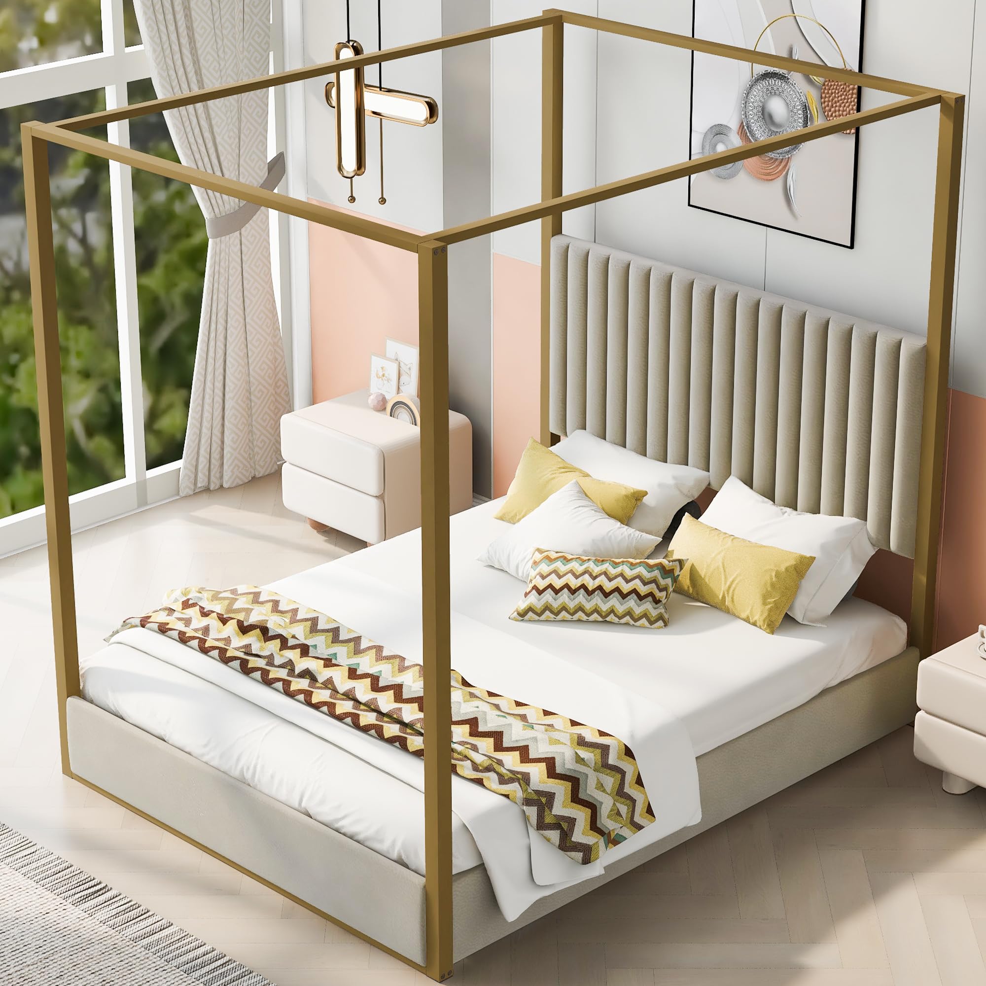 XD Designs Modern 4-Poster Canopy Platform Bed Queen Size with Channel Upholstery Tufted Headboard, Gold Metal Canopied Design Platform Bed Frame with Strong Slats Support (Beige+U)