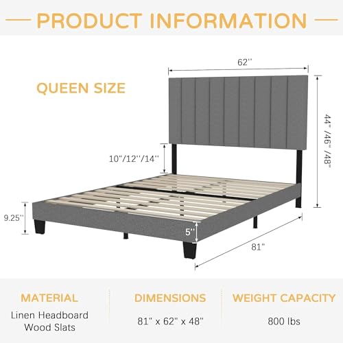 SWISH WEAVERS Queen Bed Frame Upholstered Platform with Adjustable Height Headboard, No Box Spring Needed, Non-Slip and Noise-Free, Easy Assembly Solid Wooden Slats (Light Grey)
