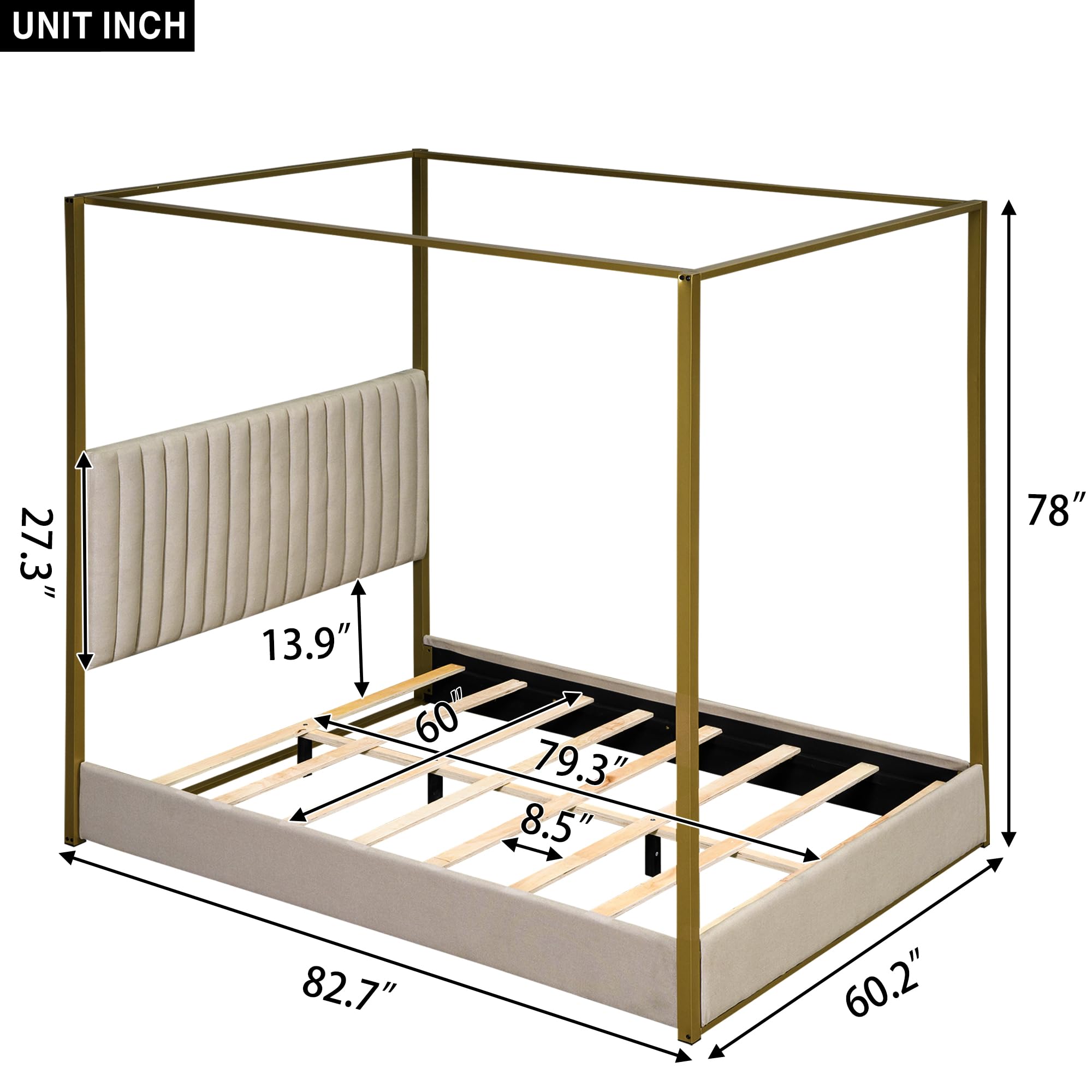 XD Designs Modern 4-Poster Canopy Platform Bed Queen Size with Channel Upholstery Tufted Headboard, Gold Metal Canopied Design Platform Bed Frame with Strong Slats Support (Beige+U)