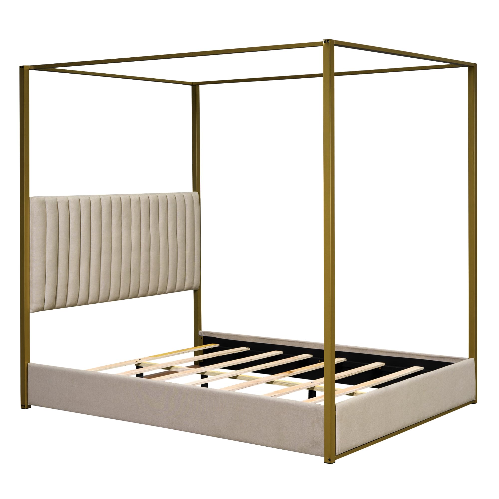 XD Designs Modern 4-Poster Canopy Platform Bed Queen Size with Channel Upholstery Tufted Headboard, Gold Metal Canopied Design Platform Bed Frame with Strong Slats Support (Beige+U)