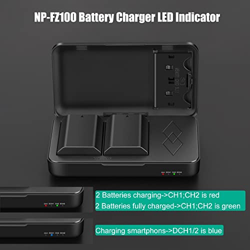 JYJZPB NP-FZ100 Battery Replacement and A7iii Battery Charger for Sony A7 III, Sony Alpha A7R III, A7R IV, A9, A6600, Alpha 9S, A7R3 A7S III, A7R III Battery, 2 Packs