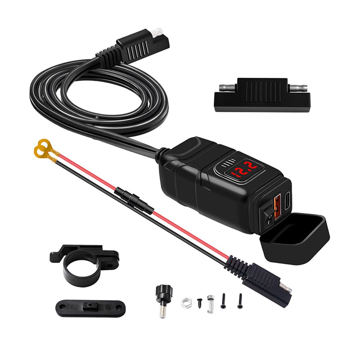Ankuee Motorcycle USB Phone Charger, Waterproof SAE to USB Adapter with Voltmeter & ON/Off Switch, Dual Quick Charge 3.0 Charger, Motorcycle Accessories for Phone, Tablet, GPS, etc (Red)