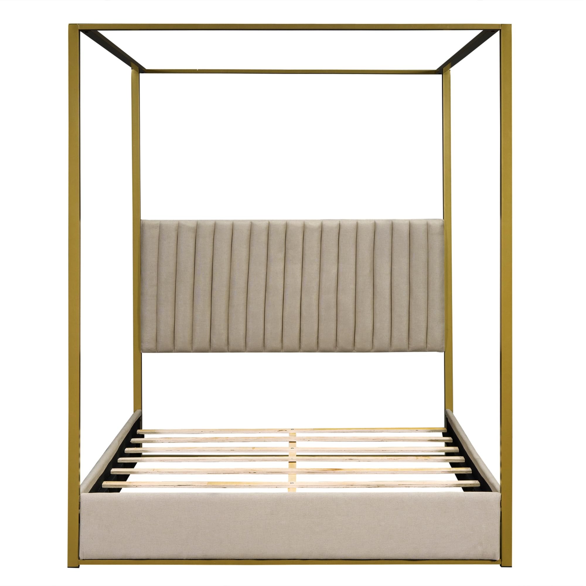 XD Designs Modern 4-Poster Canopy Platform Bed Queen Size with Channel Upholstery Tufted Headboard, Gold Metal Canopied Design Platform Bed Frame with Strong Slats Support (Beige+U)