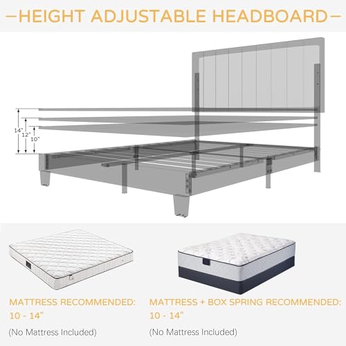 SWISH WEAVERS Queen Bed Frame Upholstered Platform with Adjustable Height Headboard, No Box Spring Needed, Non-Slip and Noise-Free, Easy Assembly Solid Wooden Slats (Light Grey)