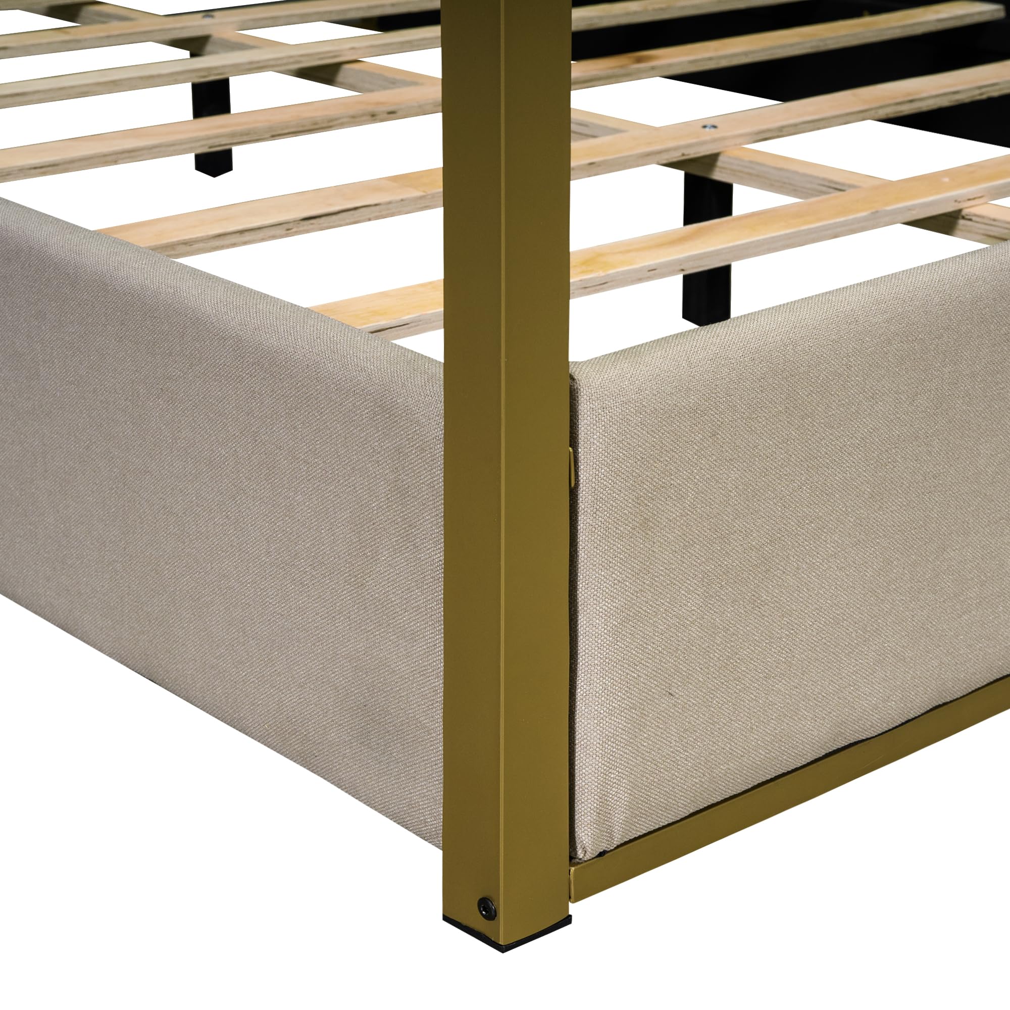 XD Designs Modern 4-Poster Canopy Platform Bed Queen Size with Channel Upholstery Tufted Headboard, Gold Metal Canopied Design Platform Bed Frame with Strong Slats Support (Beige+U)