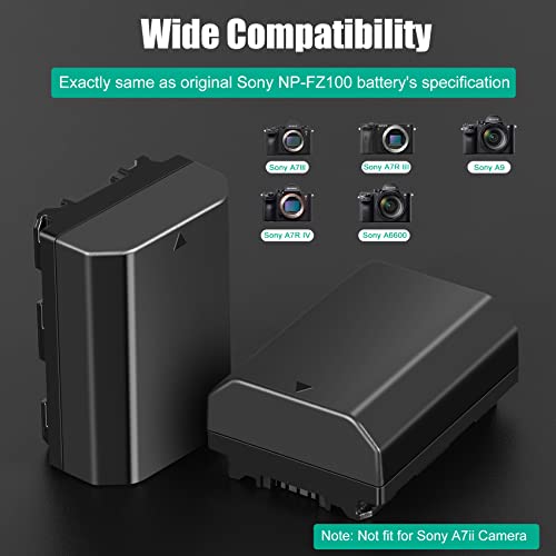 JYJZPB NP-FZ100 Battery Replacement and A7iii Battery Charger for Sony A7 III, Sony Alpha A7R III, A7R IV, A9, A6600, Alpha 9S, A7R3 A7S III, A7R III Battery, 2 Packs