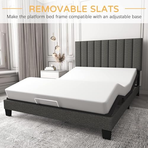 SWISH WEAVERS Queen Bed Frame Upholstered Platform with Adjustable Height Headboard, No Box Spring Needed, Non-Slip and Noise-Free, Easy Assembly Solid Wooden Slats (Light Grey)