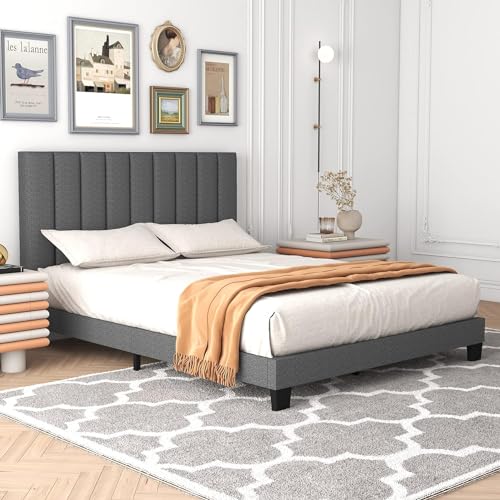 SWISH WEAVERS Queen Bed Frame Upholstered Platform with Adjustable Height Headboard, No Box Spring Needed, Non-Slip and Noise-Free, Easy Assembly Solid Wooden Slats (Light Grey)