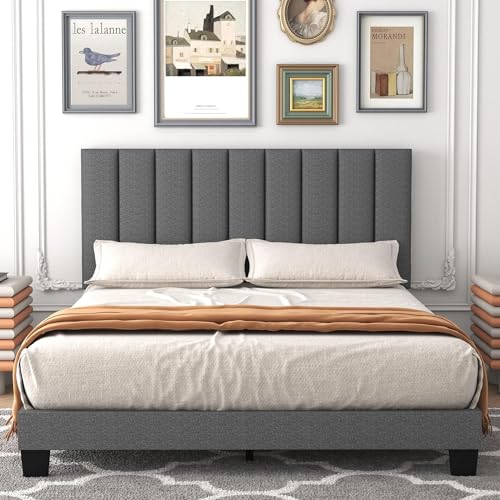 SWISH WEAVERS Queen Bed Frame Upholstered Platform with Adjustable Height Headboard, No Box Spring Needed, Non-Slip and Noise-Free, Easy Assembly Solid Wooden Slats (Light Grey)