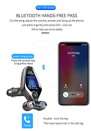 Bluetooth 5.0 FM Transmitter for Car, QC3.0 & TFT Colorful Display Wireless Bluetooth FM Radio Adapter Four Music Player Mode/Car Kit,Hands-Free Calls Support TF Card/U Disc Aux Input/Output