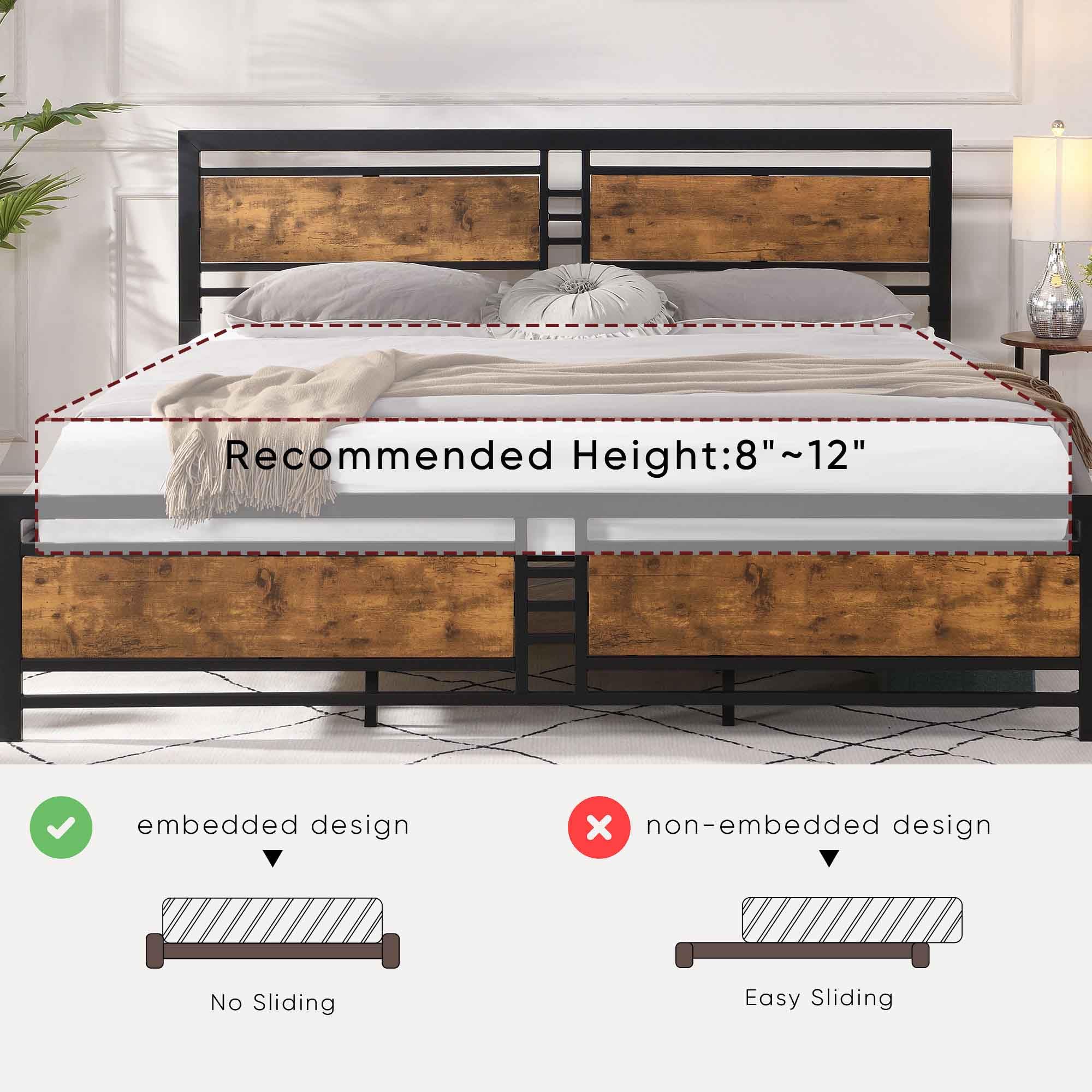 Mdhitsox Queen Bed Frame with Wood Headboard and Footboard, Heavy Duty Platform Bed Frame, Industrial Metal Mattress Foundation Camas, Noise-Free, No Box Spring Needed, Easy Assembly