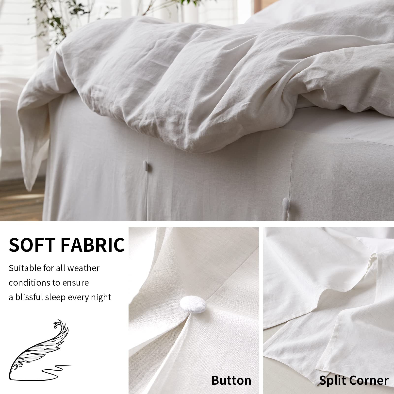 BISELINA French Linen Bed Skirt Split Corner with Button 14-Inch Tailored Drop Natural Flax Cotton Blend Basic Dust Ruffle Soft Cozy (14" Queen,Button White)