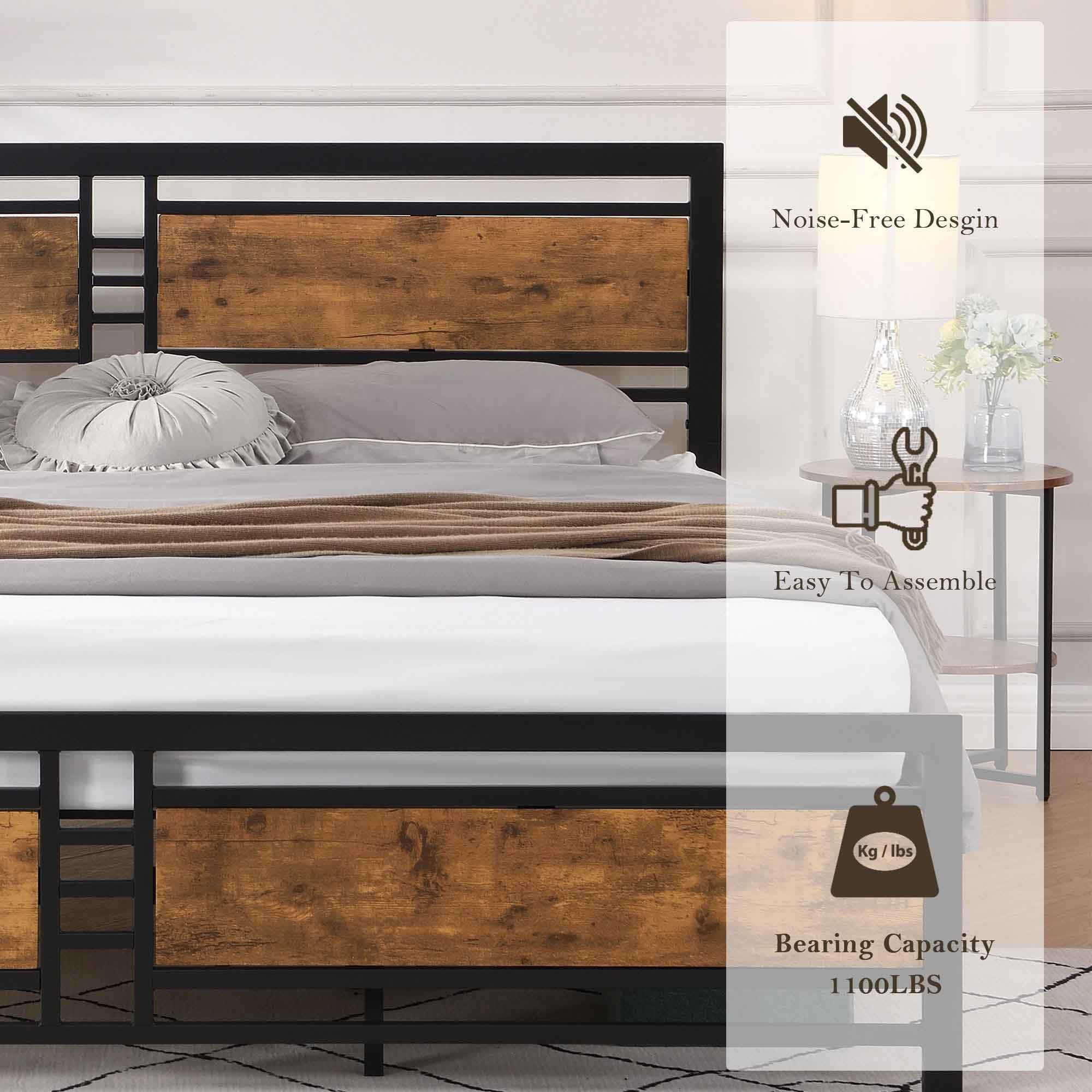 Mdhitsox Queen Bed Frame with Wood Headboard and Footboard, Heavy Duty Platform Bed Frame, Industrial Metal Mattress Foundation Camas, Noise-Free, No Box Spring Needed, Easy Assembly