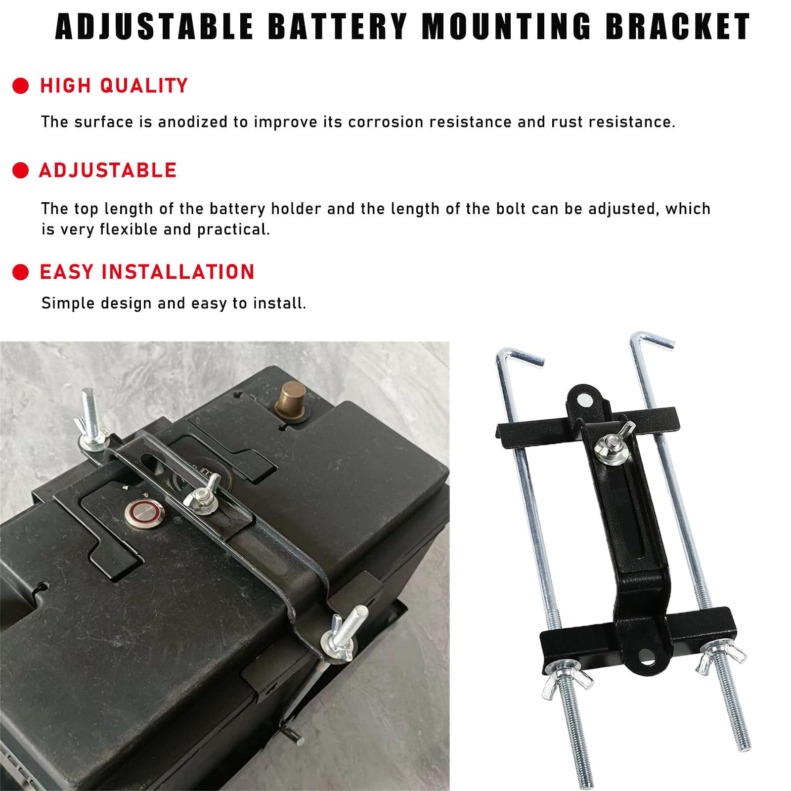 Kewucn Adjustable Battery Hold Down, Car Battery Tie Down Holder Kit, Universal Battery Crossbar with Stainless J Bolt, Automobile Battery Fixing Accessories for Cars, SUV, RV (9 inch bolts)