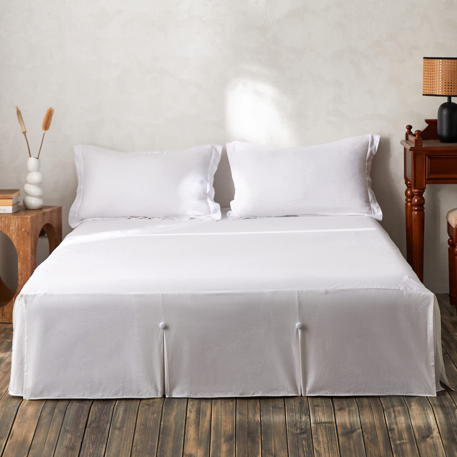 BISELINA French Linen Bed Skirt Split Corner with Button 14-Inch Tailored Drop Natural Flax Cotton Blend Basic Dust Ruffle Soft Cozy (14" Queen,Button White)
