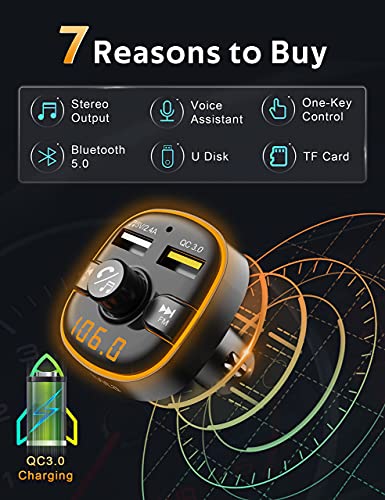 Arsvita Bluetooth FM Transmitter for Car, Radio Receiver / Audio Adapter with Dual Car Charger, Support QC3.0 Quick Charging, Hands-Free Calling and Hi-Fi Sound Playback, Black
