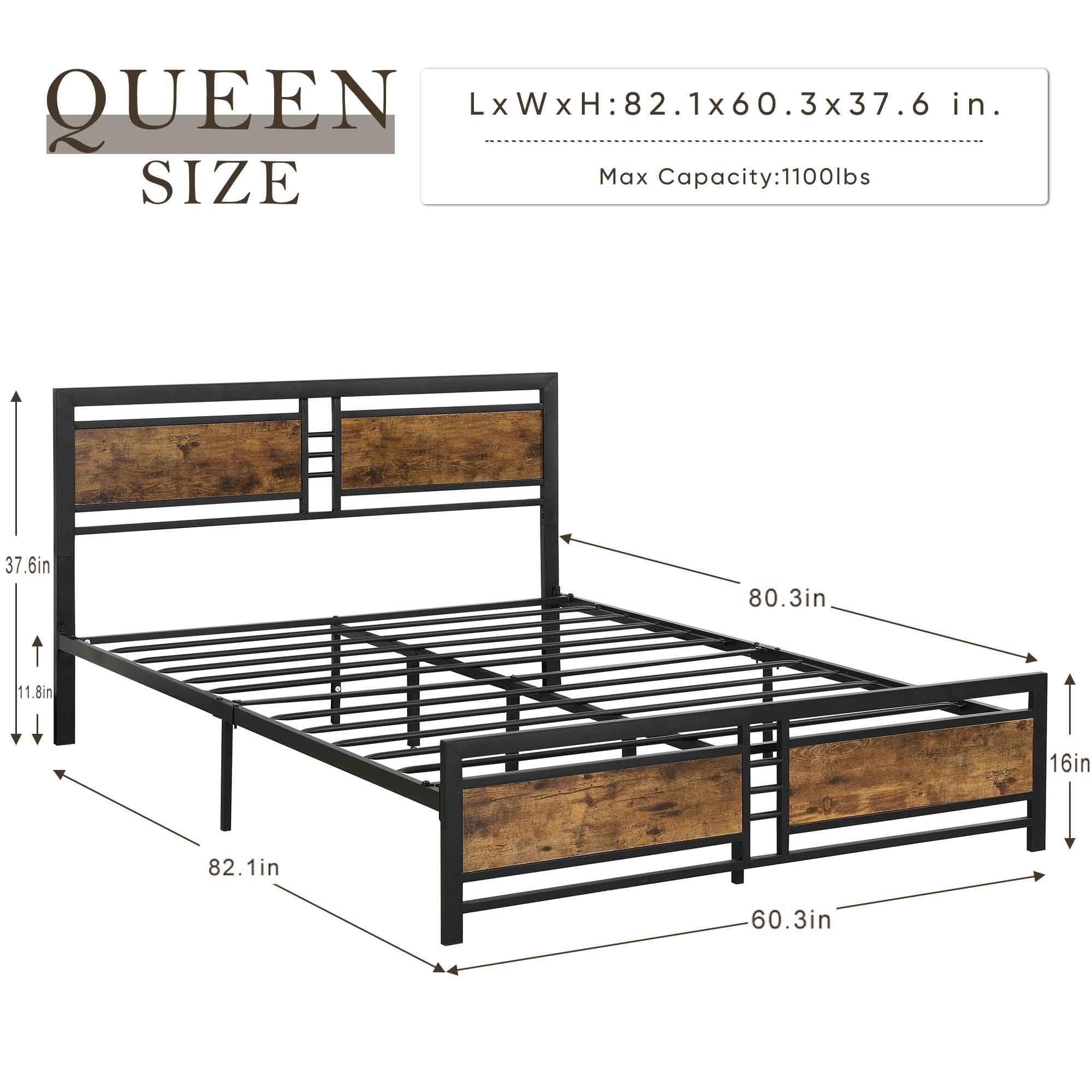 Mdhitsox Queen Bed Frame with Wood Headboard and Footboard, Heavy Duty Platform Bed Frame, Industrial Metal Mattress Foundation Camas, Noise-Free, No Box Spring Needed, Easy Assembly