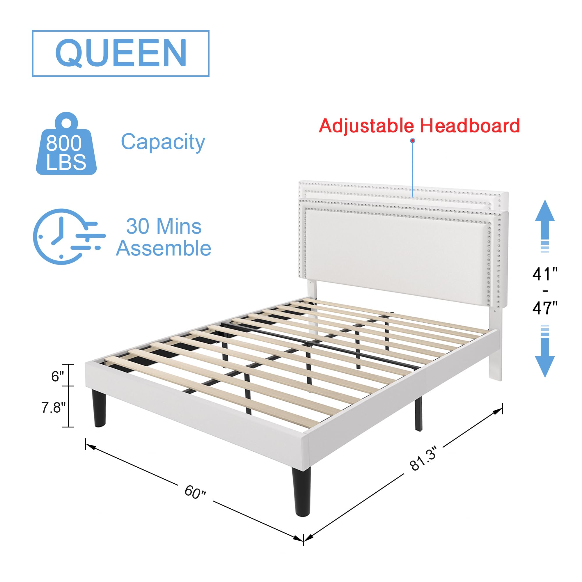 VECELO Queen Size Platform Bed Frame with Height Adjustable Upholstered Headboard, Modern Mattress Foundation,Strong Wood Slat Support, No Box Spring Needed, Easy Assembly