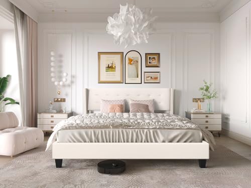 BONSOIR Bed Frame Upholstered Traditional Low Profile Platform with Wing Back Headboard/No Box Spring Needed/No Bed Skirt Needed/Linen Fabric Upholstery/Sand (Cream, Queen Size)