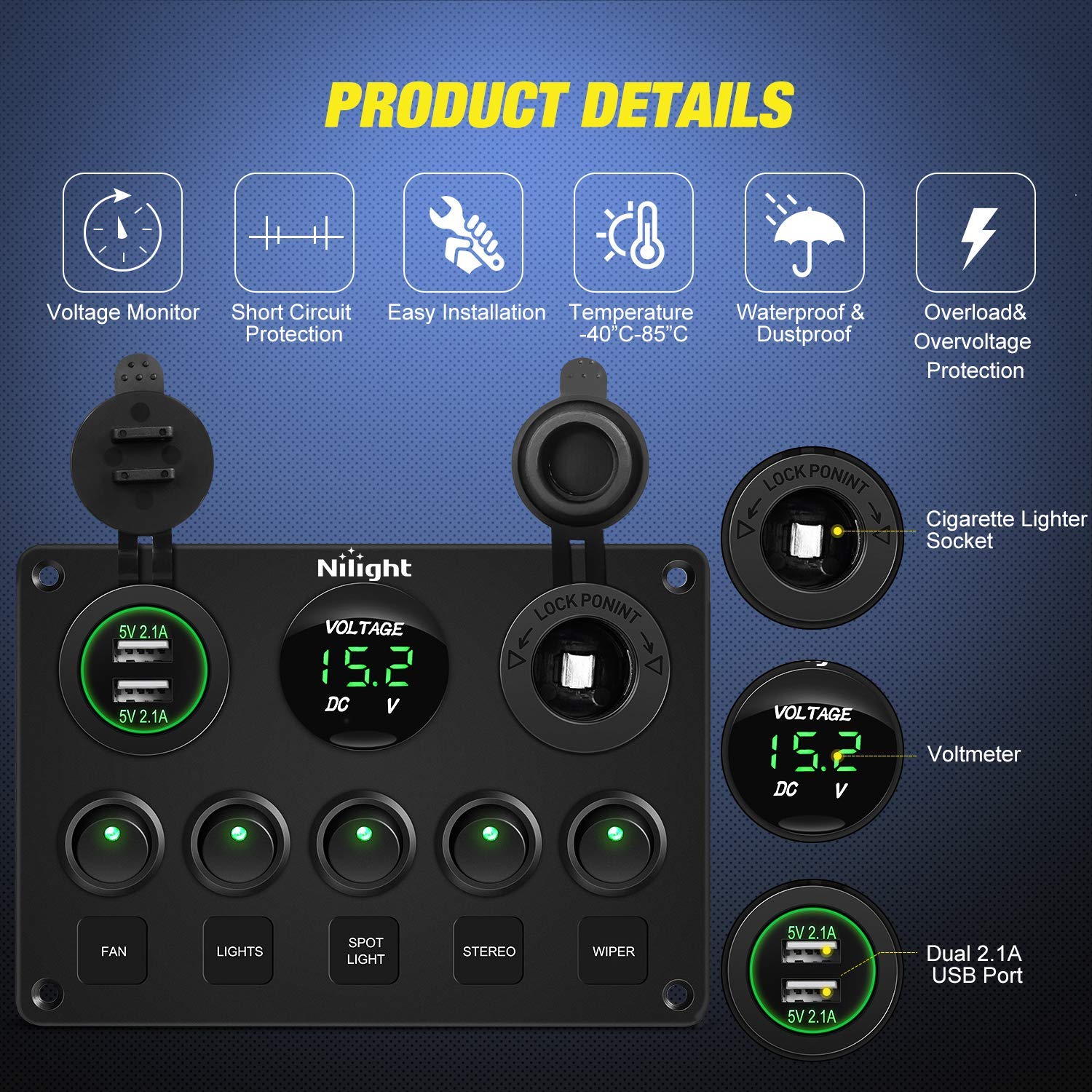 Nilight - 90125E 5 Gang Multi Function Rocker Switch Green Backlit Dual USB Charger + Digital Voltmeter +12V Outlet Pre-Wired Switch Panel with Inline Fuse for RVs Cars Boats Trucks Trailers