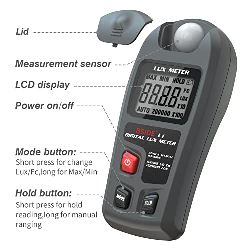 BSIDE Digital Light Meter Lux Tester Illuminance Luxmeter, 0-200,000 Lux Portable Environment Luminometer Photometer for Garden Film Indoor Classroom Plants LED Grow Light Photography