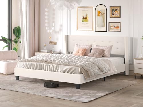 BONSOIR Bed Frame Upholstered Traditional Low Profile Platform with Wing Back Headboard/No Box Spring Needed/No Bed Skirt Needed/Linen Fabric Upholstery/Sand (Cream, Queen Size)