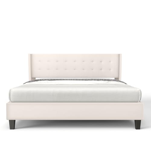 BONSOIR Bed Frame Upholstered Traditional Low Profile Platform with Wing Back Headboard/No Box Spring Needed/No Bed Skirt Needed/Linen Fabric Upholstery/Sand (Cream, Queen Size)
