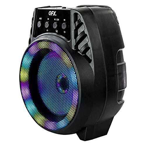 QFX BT-64 TWS Bluetooth Rechargeable Portable Speaker with 4” Woofer LED Party Lights, Microphone Input, AUX Input, USB Port, TF Card Slot, Black