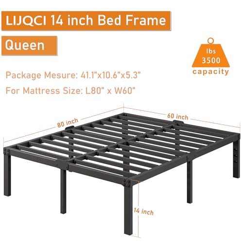 LIJQCI 14 inch Queen Bed Frame Metal Platform Frame no Box Spring Needed Black Heavy Duty Sturdy Steel Easy Assembly with Storage Sturdy Steel Slats Support 3500lbs