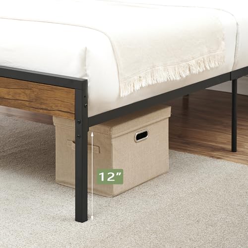 coucheta Queen Bed Frame,Queen Bed Frame with Wooden Headboard and Footboard, Platform Bed Frame with Storage, Strong Metal Slats Support, No Box Spring Needed,Brown