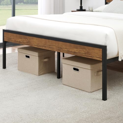 coucheta Queen Bed Frame,Queen Bed Frame with Wooden Headboard and Footboard, Platform Bed Frame with Storage, Strong Metal Slats Support, No Box Spring Needed,Brown