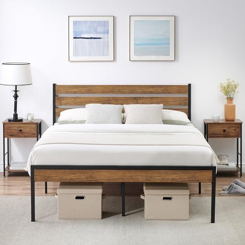coucheta Queen Bed Frame,Queen Bed Frame with Wooden Headboard and Footboard, Platform Bed Frame with Storage, Strong Metal Slats Support, No Box Spring Needed,Brown