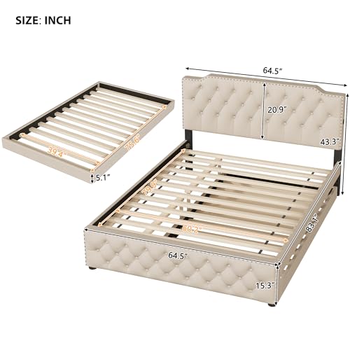 Prohon Queen Size Bed Frame w/Twin Size Trundle and Two Sets USB Ports, Upholstered Platform Bed with Button Tufted Trim Headboard, Velvet Linen Wooden Bed Fram No Box Spring Needed, Beige