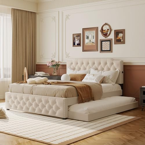 Prohon Queen Size Bed Frame w/Twin Size Trundle and Two Sets USB Ports, Upholstered Platform Bed with Button Tufted Trim Headboard, Velvet Linen Wooden Bed Fram No Box Spring Needed, Beige