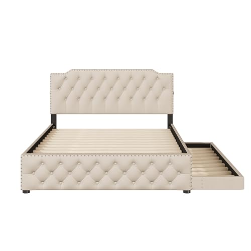 Prohon Queen Size Bed Frame w/Twin Size Trundle and Two Sets USB Ports, Upholstered Platform Bed with Button Tufted Trim Headboard, Velvet Linen Wooden Bed Fram No Box Spring Needed, Beige