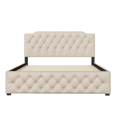 Prohon Queen Size Bed Frame w/Twin Size Trundle and Two Sets USB Ports, Upholstered Platform Bed with Button Tufted Trim Headboard, Velvet Linen Wooden Bed Fram No Box Spring Needed, Beige
