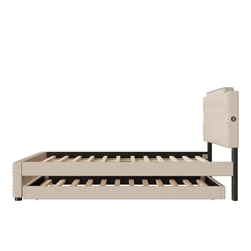 Prohon Queen Size Bed Frame w/Twin Size Trundle and Two Sets USB Ports, Upholstered Platform Bed with Button Tufted Trim Headboard, Velvet Linen Wooden Bed Fram No Box Spring Needed, Beige