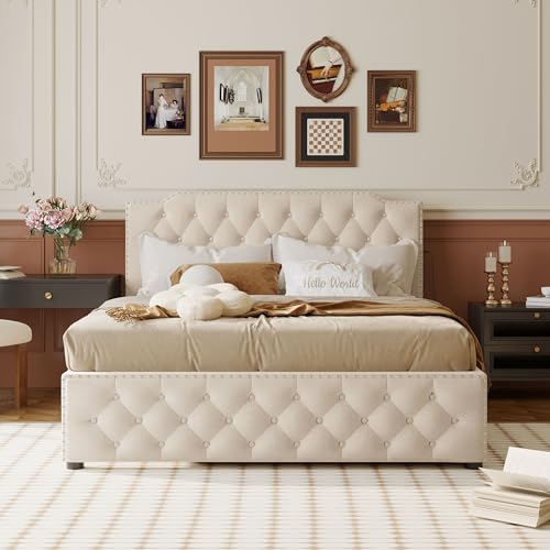 Prohon Queen Size Bed Frame w/Twin Size Trundle and Two Sets USB Ports, Upholstered Platform Bed with Button Tufted Trim Headboard, Velvet Linen Wooden Bed Fram No Box Spring Needed, Beige