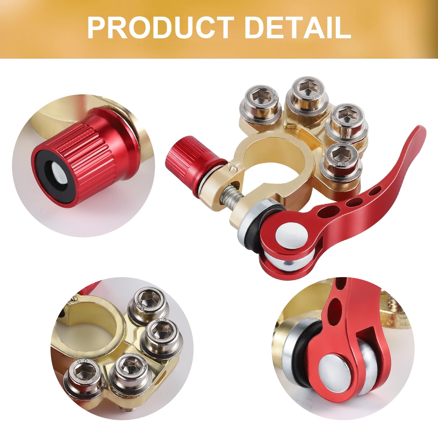 SINGARO Car Battery Terminal Connector, 4 Way Positive and Negative Pole Quick Release Terminal Clip, Applicable to SAE/JIS A Type Terminal Post, Compatible with Cars, Trucks and More（Gold-B）
