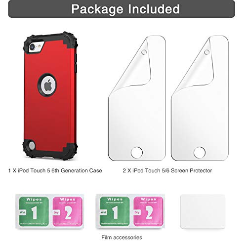 iPod Touch 7th Generation Case with 2 Screen Protectors, IDweel Hybrid 3 in 1 Shockproof Slim Heavy Duty Hard PC Cover Soft Silicone Rugged Bumper Full Body Case for iPod Touch 5/6/7th Gen, Red