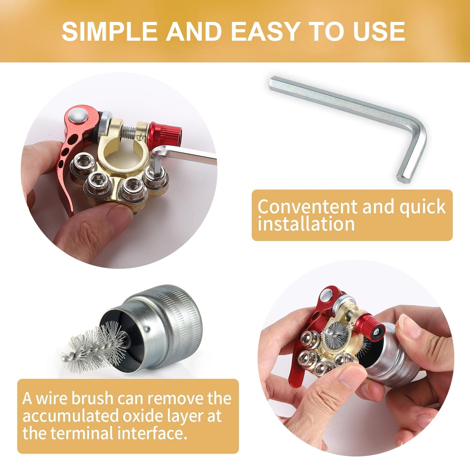 SINGARO Car Battery Terminal Connector, 4 Way Positive and Negative Pole Quick Release Terminal Clip, Applicable to SAE/JIS A Type Terminal Post, Compatible with Cars, Trucks and More（Gold-B）