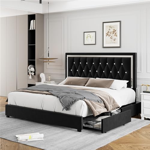 HITHOS Queen Size Bed Frame with 4 Storage Drawers and Adjustable Headboard, Modern Upholstered Platform Bed with Wood Slat Support, Diamond Button Tufted Design, No Box Spring Needed (Black, Queen)