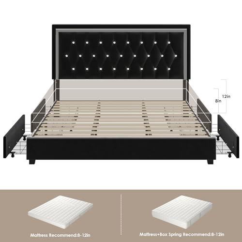HITHOS Queen Size Bed Frame with 4 Storage Drawers and Adjustable Headboard, Modern Upholstered Platform Bed with Wood Slat Support, Diamond Button Tufted Design, No Box Spring Needed (Black, Queen)